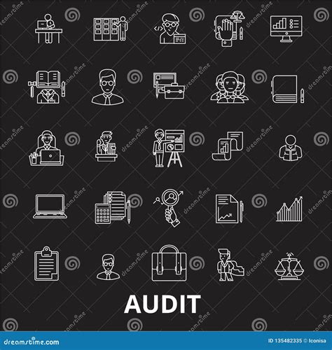 Audit Editable Line Icons Vector Set On Black Background Audit White Outline Illustrations