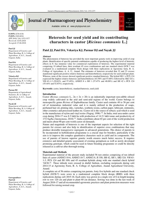 Pdf Heterosis For Seed Yield And Its Contributing Characters In Castor Ricinus Communis L