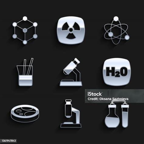현미경 테스트 튜브 화학 공식 H2o 박테리아가있는 페트리 접시 실험실 유리 제품 원자 및 분자 아이콘을 설정합니다 벡터 가열장치에 대한 스톡 벡터 아트 및 기타 이미지