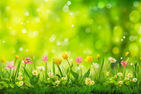 Spring Banner Of Fresh Green Grass And Flowers In Nature Blurred