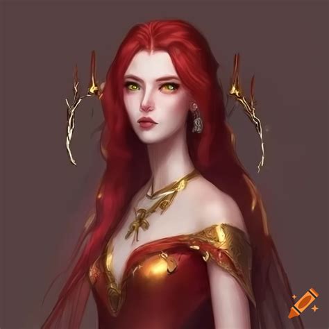 Fantasy Queen With Long Crimson Hair And A Beautiful Gown Golden