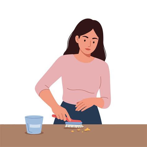 Woman Cleaning Crumbs From Table With Brush And Dustpan Flat Minimal
