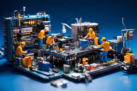 Miniature Workers Assembling Circuit Board Stock Illustration