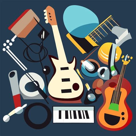 A Guitar Drums Drumsticks Music Instruments And Music Notes