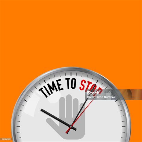 시간을 중지 합니다 동기 부여 슬로건과 함께 백색 벡터 시계입니다 유리 아날로그 메탈 시계입니다 금지 손 아이콘 3차원 형태에 대한 스톡 벡터 아트 및 기타 이미지 Istock