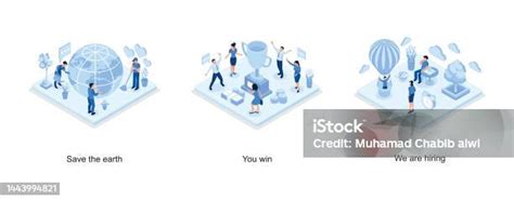 행성 지구를 구하려고 노력하는 사람들 캐릭터 당신은 개념 배너를 이깁니다 우리는 캐릭터 아이소메트릭 벡터 현대 일러스트레이션으로 개념을 고용하고 있습니다 기술에 대한 스톡