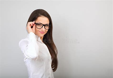 Beautiful Business Calm Confident Woman In Eyeglasses Looking On Blue