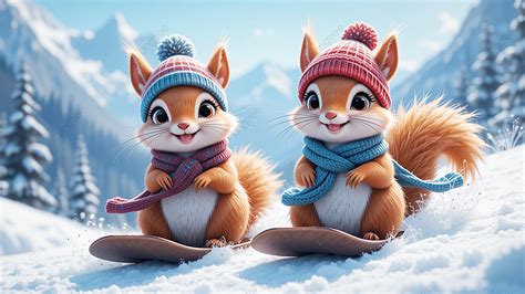 Cute Cartoon Squirrels On Snowboards In Winter Wonderland Background