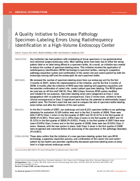 Pdf A Quality Initiative To Decrease Pathology Specimen Labeling Errors Using Radiofrequency