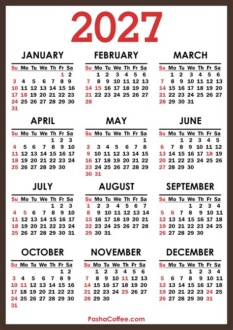 2027 Vertical Brown Calendar