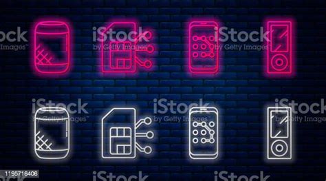설정 라인 심 카드 모바일 및 그래픽 암호 보호 음성 도우미 및 음악 플레이어 벽돌 벽에 빛나는 네온 아이콘입니다 벡터 0명에 대한 스톡 벡터 아트 및 기타 이미지 Istock