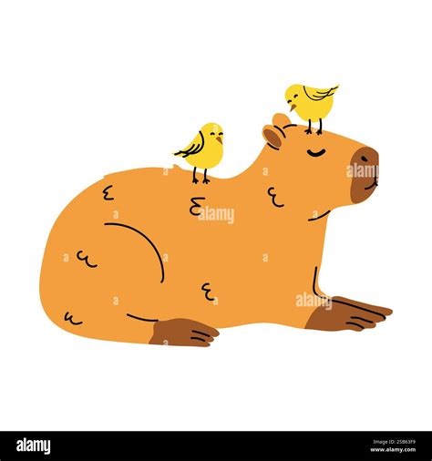 A Cartoon Illustration Of A Capybara Lying Down With Two Yellow Birds
