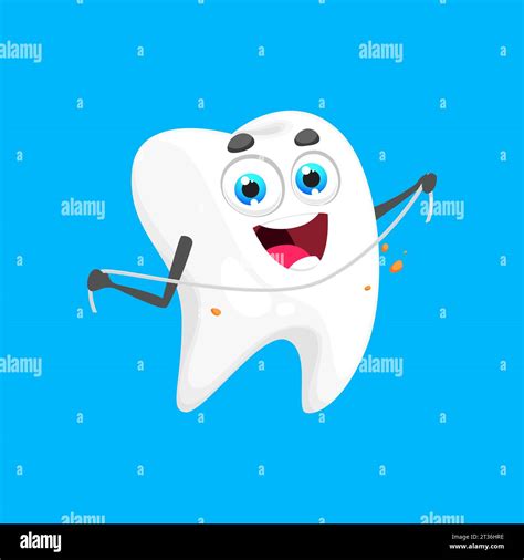 Cartoon Tooth Character Cleaning With Dental Floss Teeth Hygiene And