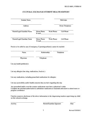 Fillable Online Bcps RULE 6801 FORM H CULTURAL EXCHANGE STUDENT
