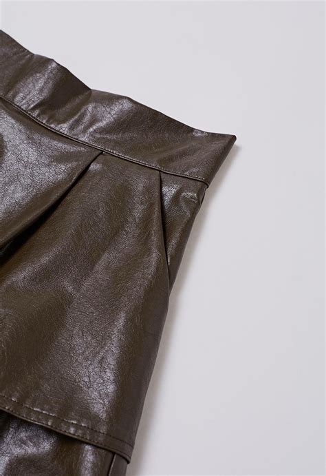 Faux Leather Tiered Ruffle Skorts In Brown Retro Indie And Unique
