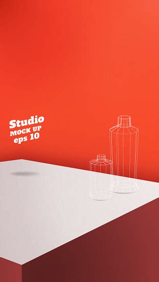 스튜디오 테이블 배경입니다 벡터 디자인의 표시를 위한 Oragne 빨간 Wallmockup를 가진 선명한 빨간 제품 표시 블록