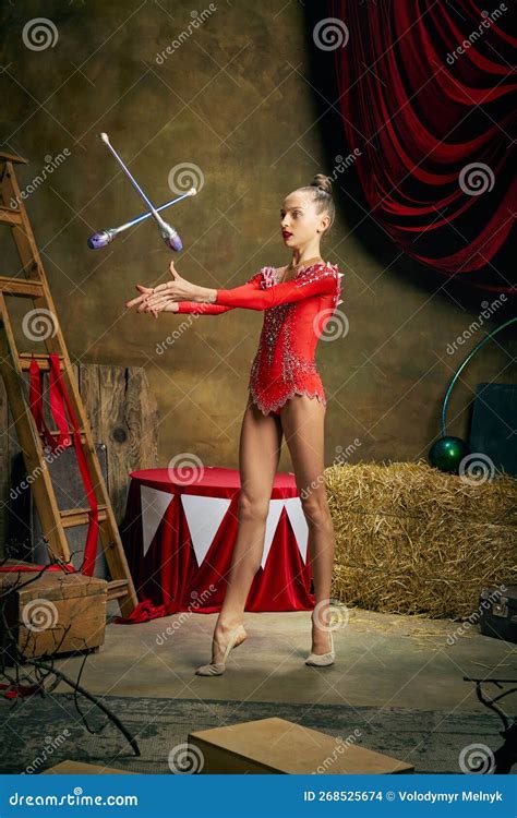 Retro Circus Performance Little Flexible Girl Gymnast Or Acrobat In