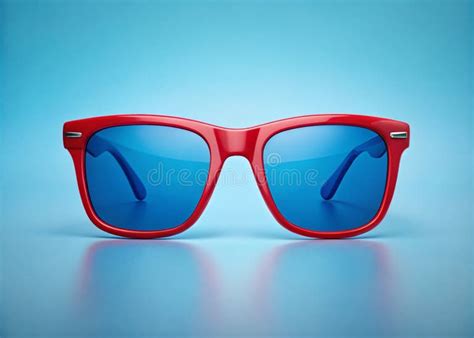 Trendy Red Rectangular Sunglasses With Blue Lenses Stylish Fashion Eyewear For A Bold Look Stock