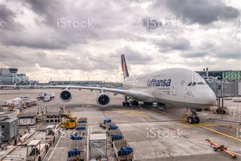 프랑크푸르트 공항에서 음식을 배달하는 루프트한자 비행기와 스카이 셰프 트럭 공항에서 이륙하는 상업용 비행기 출발 또는 도착 프랑크푸르트 국제 공항에 대한 스톡 사진 및 기타