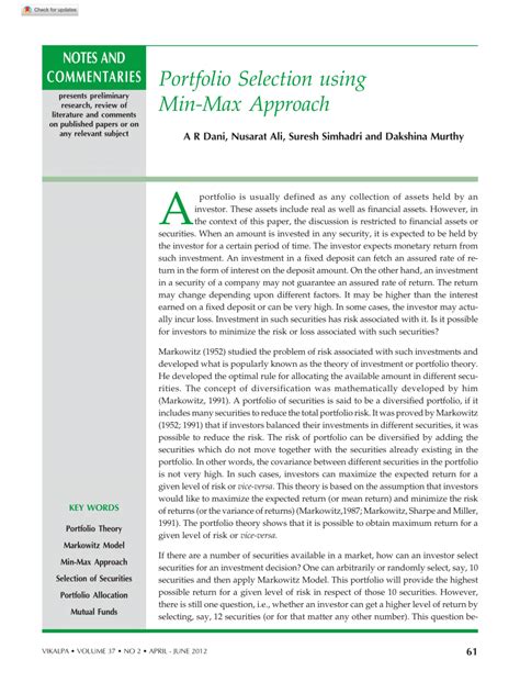 PDF Portfolio Selection Using Min Max Approach