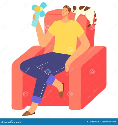 Hot Summer Man Hold Hand Fan At Home Vector Illustration Cartoon