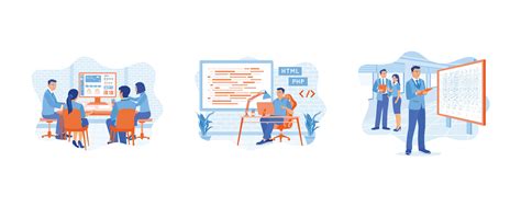 A Team Of It Experts Is Sitting In Front Of Computers The Screen Displays Computer Script