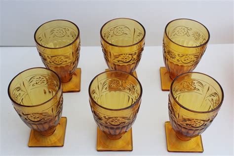 Indiana Daisy Pattern Vintage Amber Depression Glass Footed Tumblers