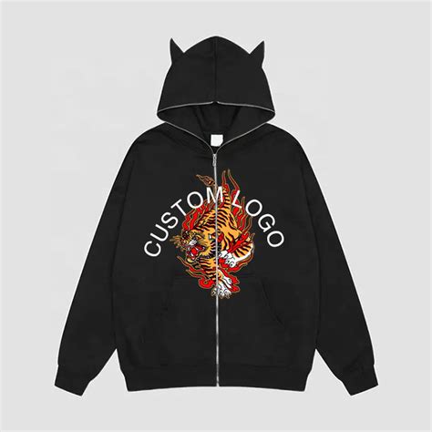 Fashion Logo Full Zip Up Organic Cotton Hoodie Hip Hop Hood Vintage