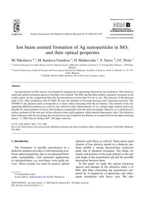 pdf ion beam assisted formation of ag nanoparticles in sio2 and their
