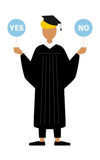 졸업식 가운과 사각형 모자를 쓴 흑인 남성 졸업생이 예아니오 막대기를 들고 있는 간단한 그림 게임쇼 호스트에 대한 스톡 벡터 아트 및 기타 이미지 Istock