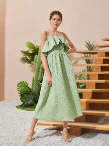 SHEIN Mulvari Sheer Mesh Yoke Ruffle Trim Jacquard Dress SHEIN USA