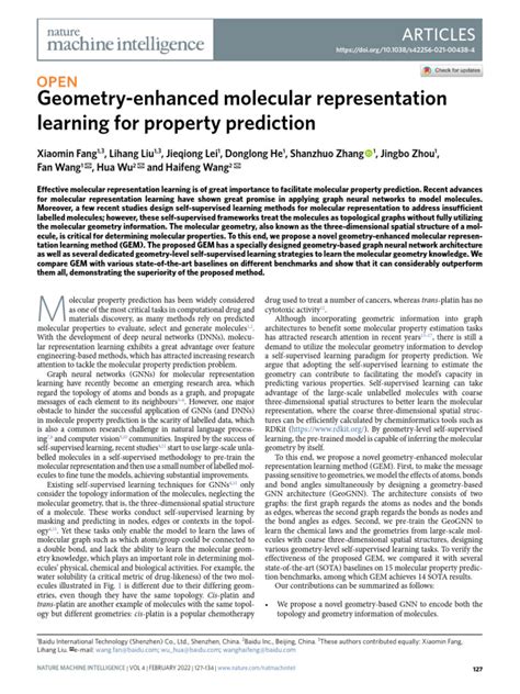 Geometry Enhanced Molecular Representation Learning For Property Prediction Pdf