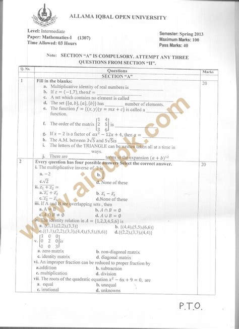 Mathematics Part 1 Code 1307 Aiou Old Papers Intermediate Spring 2013 Aioupkcom