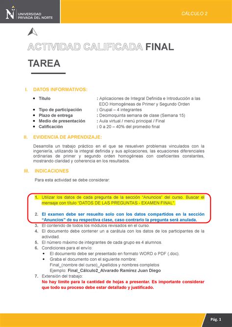 MATH EF calculo 2 ACTIVIDAD CALIFICADA FINAL TAREA I DATOS INFORMATIVOS Título Studocu