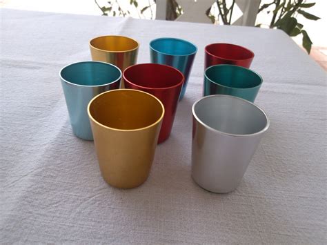 Vintage Aluminium Shot Glasses A Set Of 10 Rare German Metallic Colored Magnetic Barware