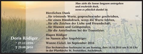 Traueranzeigen Von Doris Rödiger Trauer In Nrwde