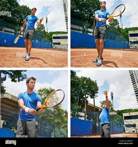 Serving In Sequence Composite Image Of A Man Playing Tennis Stock