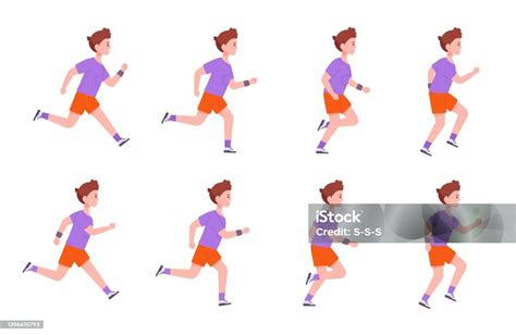 실행 소년 시퀀스 작은 남자 실행 단계 애니메이션 프로필 모션 2d 캐릭터 단계 조깅 남자 사이클 루프 스프라이트 시트 프레임 만화 주자 운동 선수 화려한 벡터 일러스트