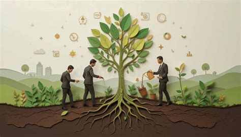 Business Team Growing A Paper Cut Tree Of Sustainable Success Stock