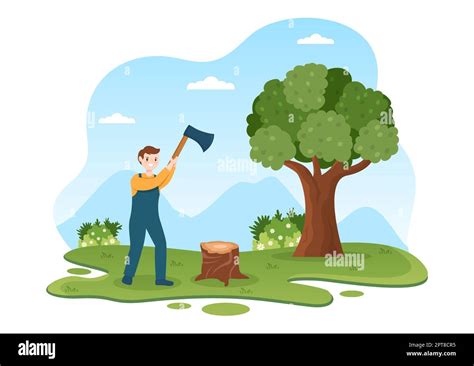People Tree Cutting And Timber With Truck Chainsaw Wooden And Tools Logging In The Forest On