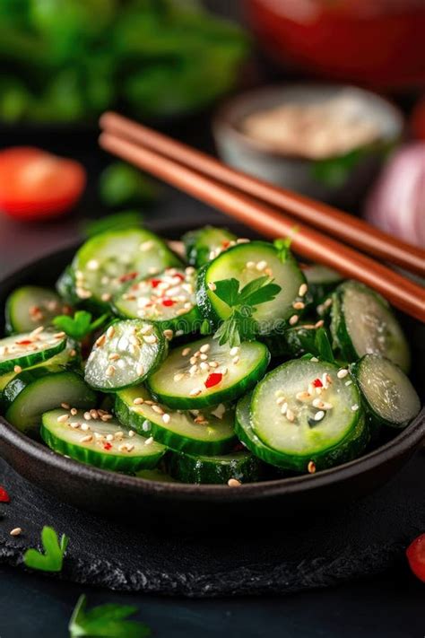 Spicy Cucumber Salad With Sesame And Fresh Herbs In Black Bowl Stock