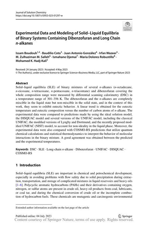 Experimental Data And Modeling Of Solidliquid Equilibria Of Binary