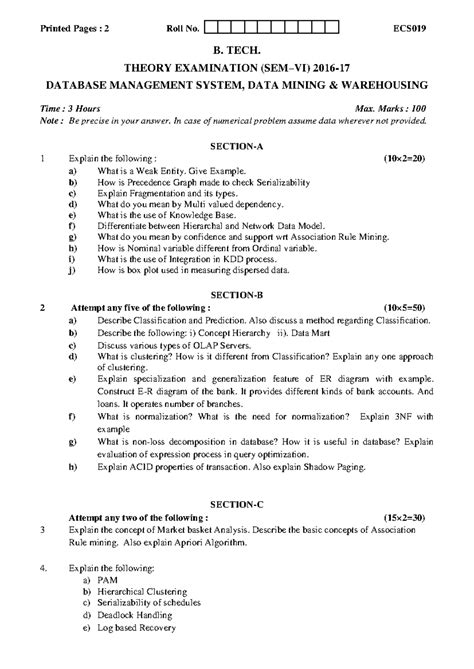 2016 17 DWDM ECS 019 Printed Pages 2 Roll No ECS B TECH THEORY EXAMINATION SEMVI