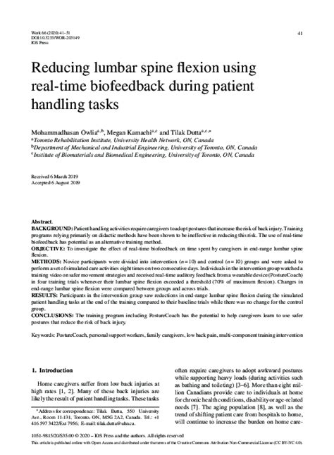 Pdf Reducing Lumbar Spine Flexion Using Real Time Biofeedback During Patient Handling Tasks