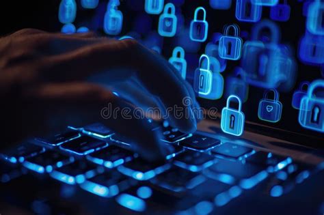 Cybersecurity Expert Typing On A Laptop With Digital Padlock Icons Stock Illustration