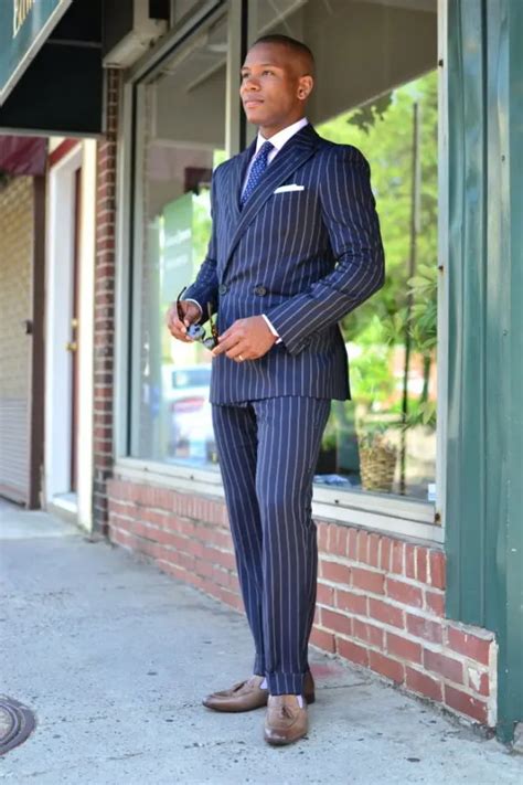 Latest Coat Pant Designs Navy Blue Strip Pattern Double Breasted Men
