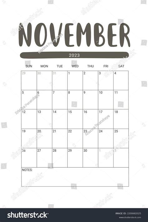 Vector Calendar November 2023 Week Starts 库存矢量图（免版税）2200682025