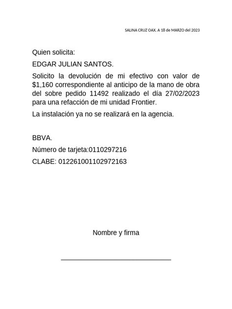 Formato De Carta De Devolucion Pdf
