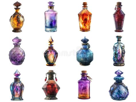 Collection Of Ornate Glass Bottles With Magical Liquids Stock