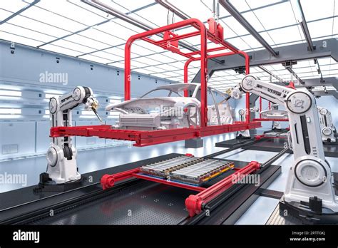 Automation Automobile Factory With 3d Rendering Robot Assembly Line